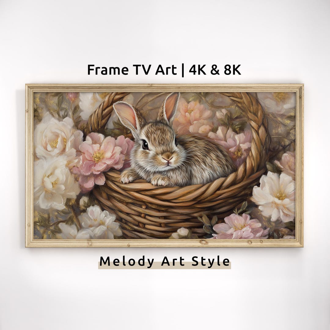 Cute Bunny in Basket Frame TV Art 4K 8K Floral Wallpaper Rustic Spring ...