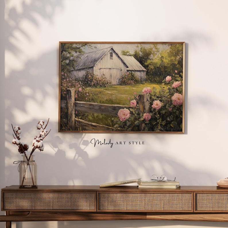 Cottagecore Barn Wall Art, Rustic Rose Garden Painting, Farmhouse ...