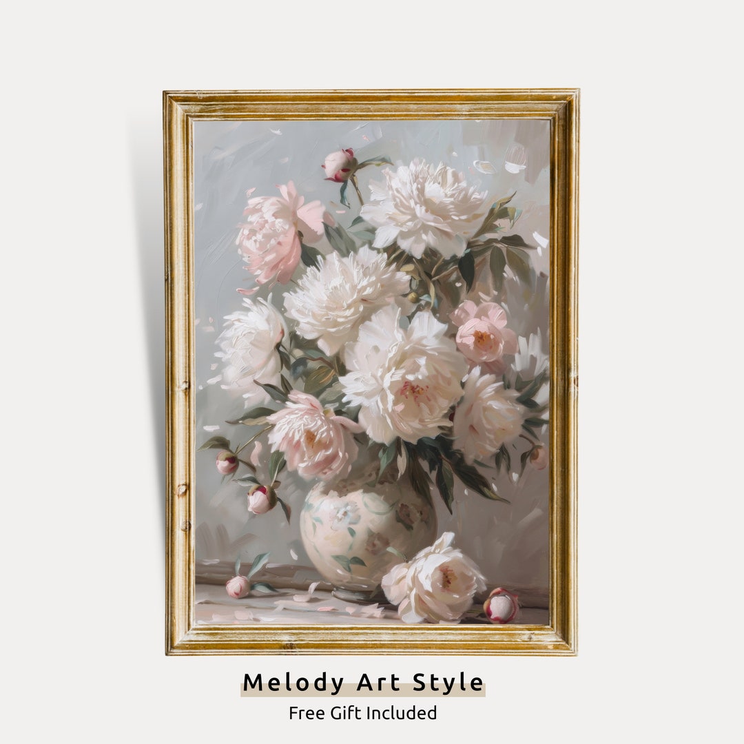 Vintage Peonies Flower in Vase Wall Art Antique Pink Blush Peony ...