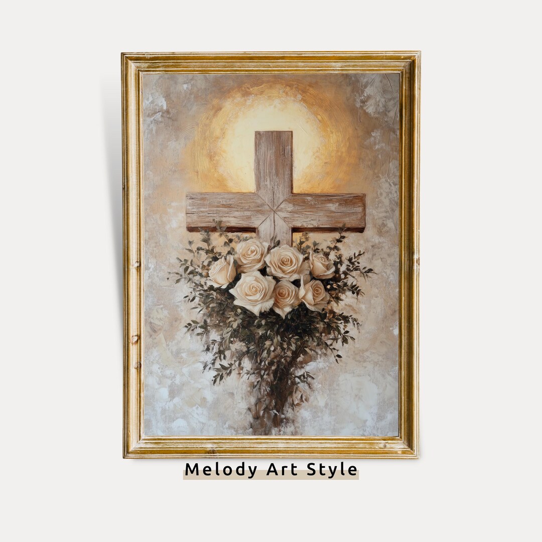 Rustic Cross Christian Wall Art, Religious Floral Print, Neutral Beige ...