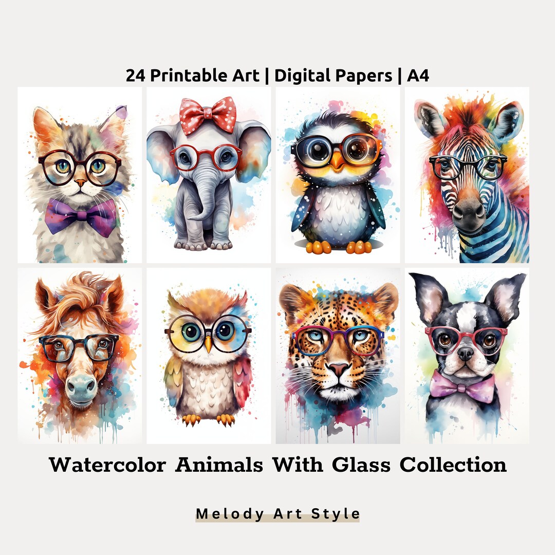 Watercolor Animal With Glasses Printable Art, Cute Animals Back to ...