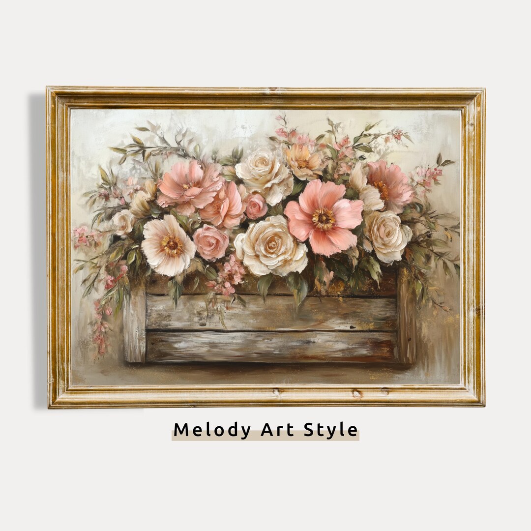 Farmhouse Flower Box Print, Rustic Vintage Roses Painting, Soft Neutral ...