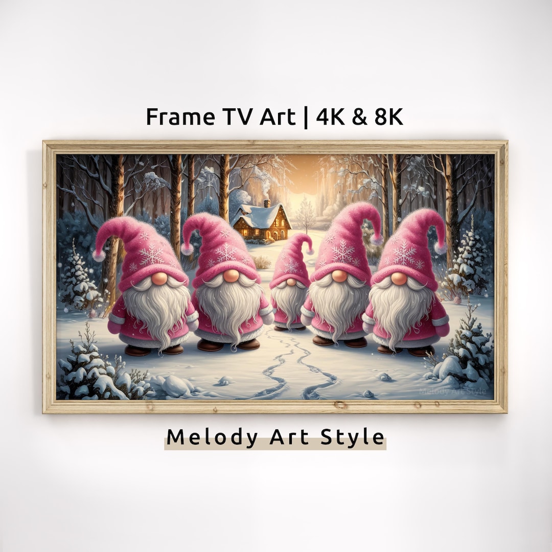 Pink Christmas Gnomes Frame TV Art 4K 8K Snowy Cabin Winter Wonderland ...