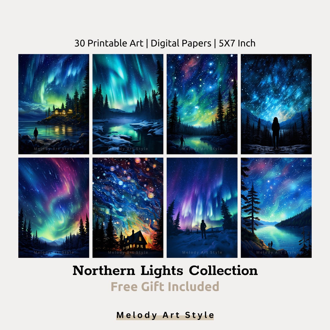 Northern Lights Scene Printable Art, Night Sky Digital Paper Pack ...