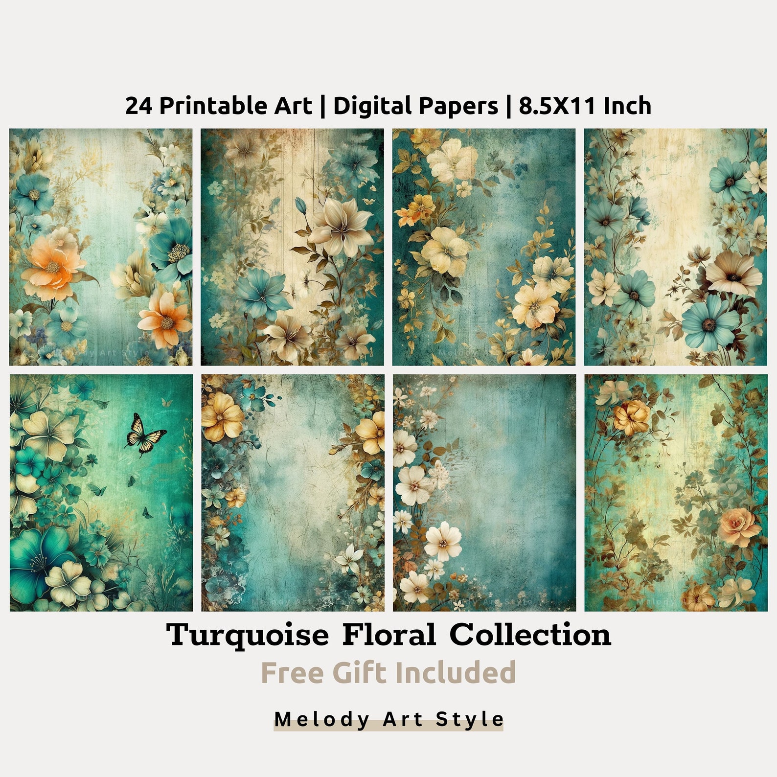 Flowers Turquoise Printable Art, Decorative Spring Paper Set, Floral ...