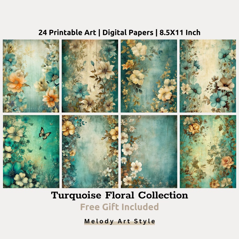 Flowers Turquoise Printable Art, Decorative Spring Paper Set, Floral ...