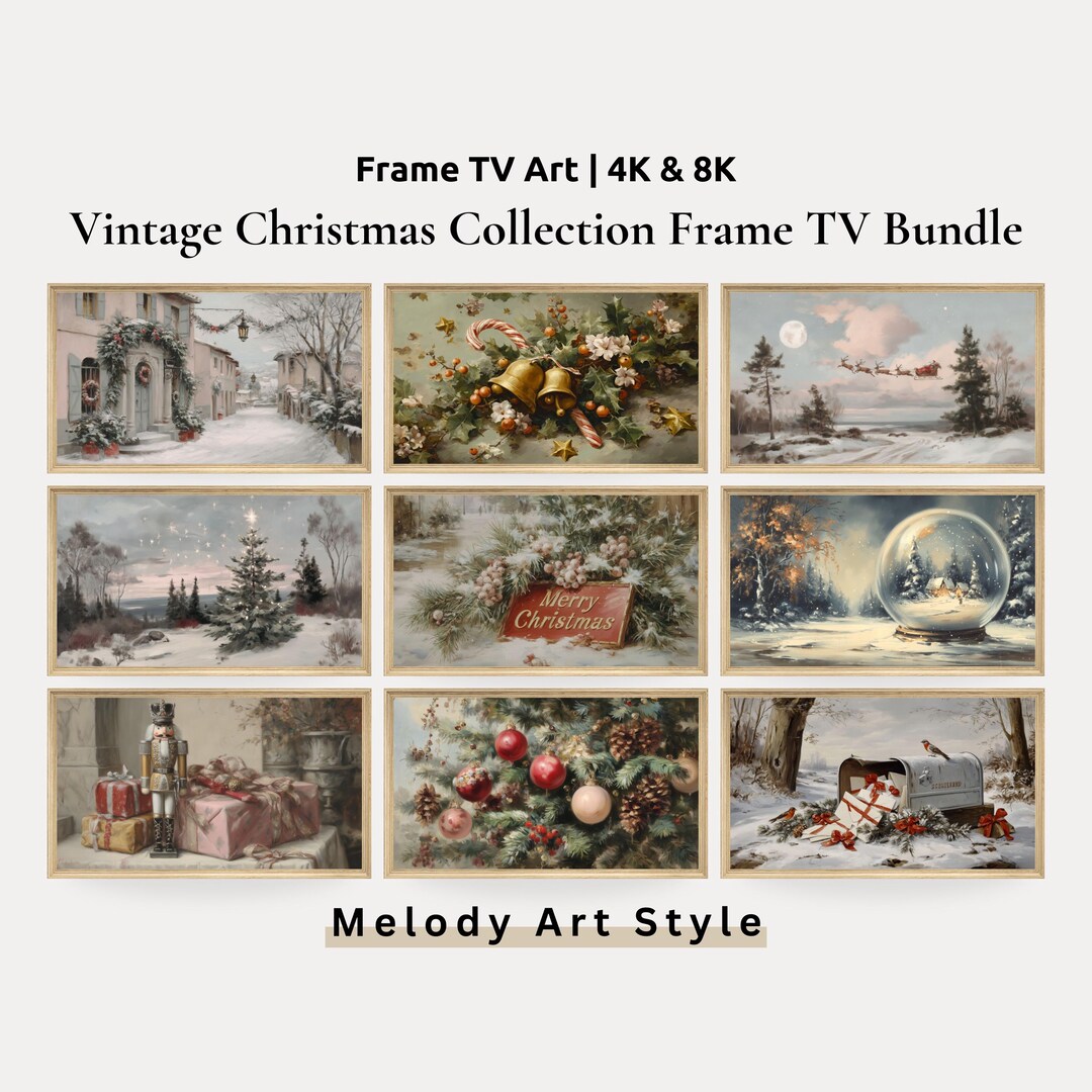 Vintage Christmas Frame TV Art Bundle, Nutcracker, Tree, Bells & Snow ...