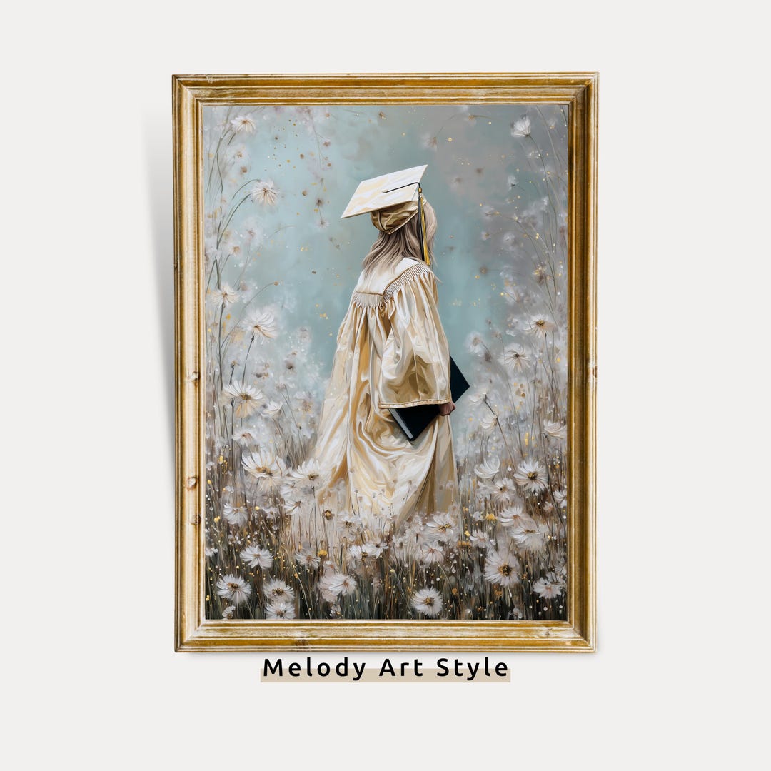 Graduation Girl in Meadow Printable Wildflower Field Painting Gold Cap ...