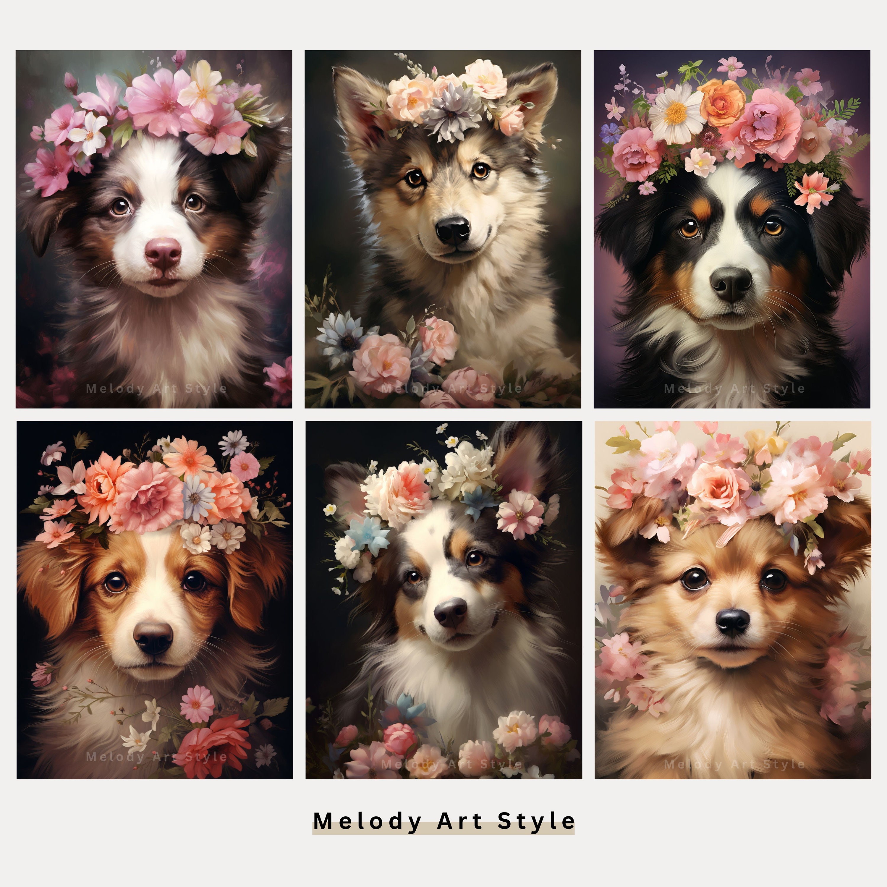 Dog With Flowers Printable Art, Floral Puppy Painting Paper Set Dog ...