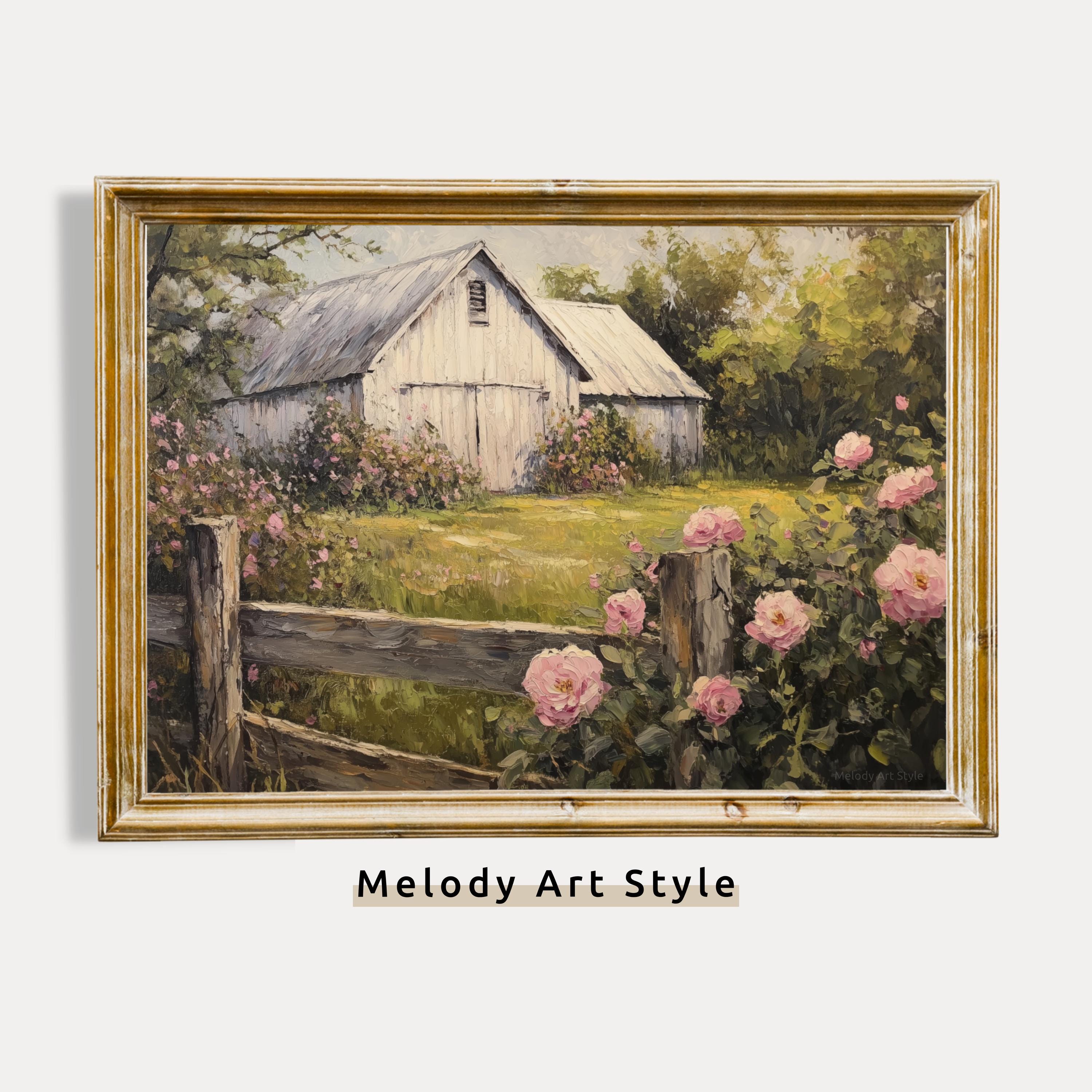 Cottagecore Barn Wall Art, Rustic Rose Garden Painting, Farmhouse ...