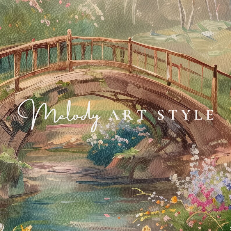 Flower Bridge Landscape Vintage Painting Blossoming Spring Garden ...