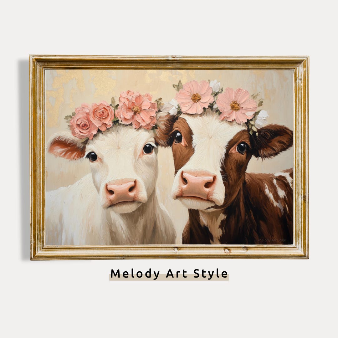 Farmhouse Cows With Flower Crown, Rustic Animal Wall Art Cottagecore ...