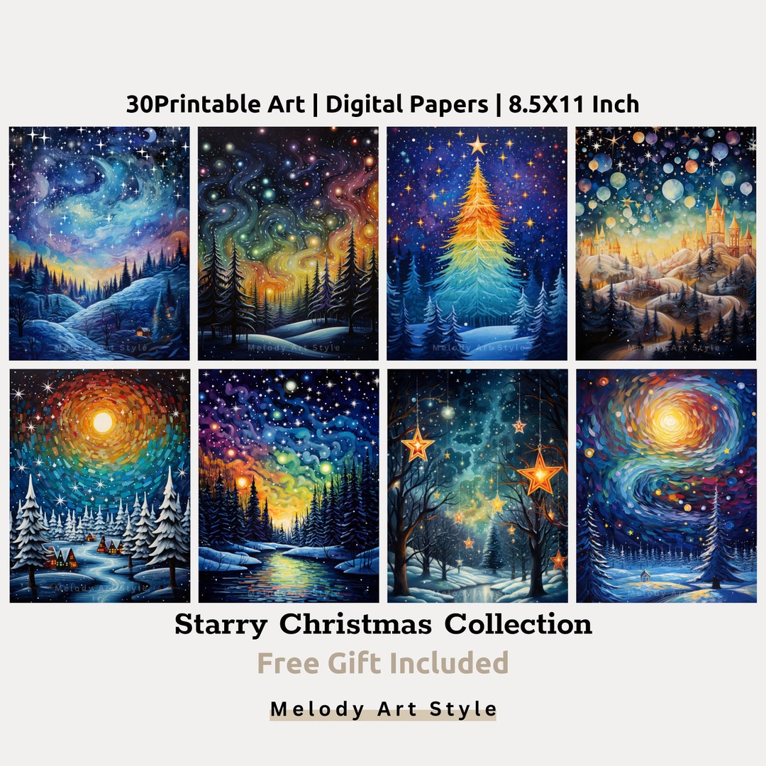 Starry Night Christams Printable Art Holiday Junk Journal Winter ...