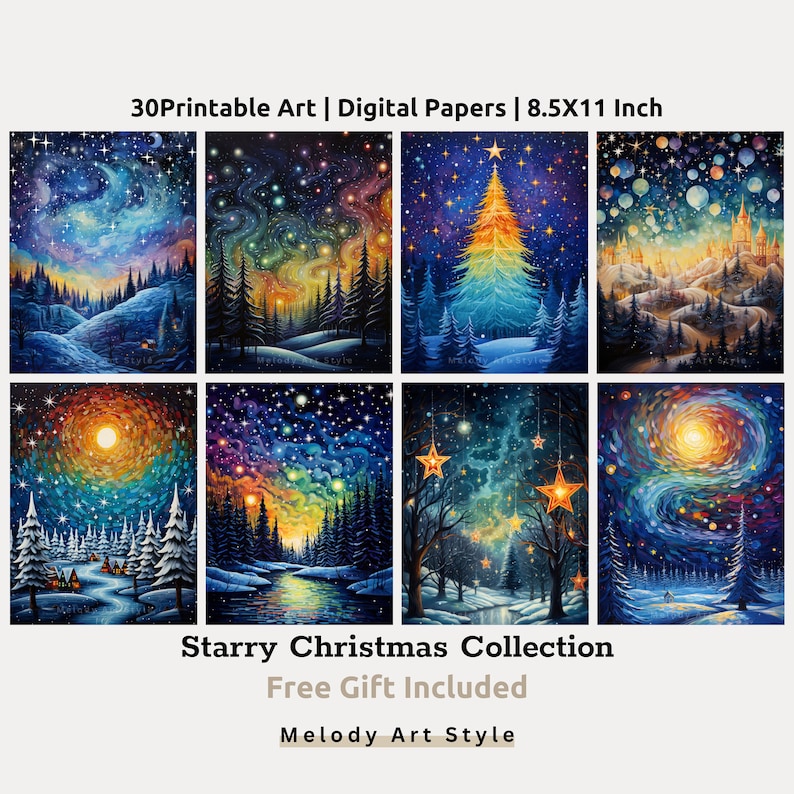Starry Night Christams Printable Art Holiday Junk Journal Winter ...