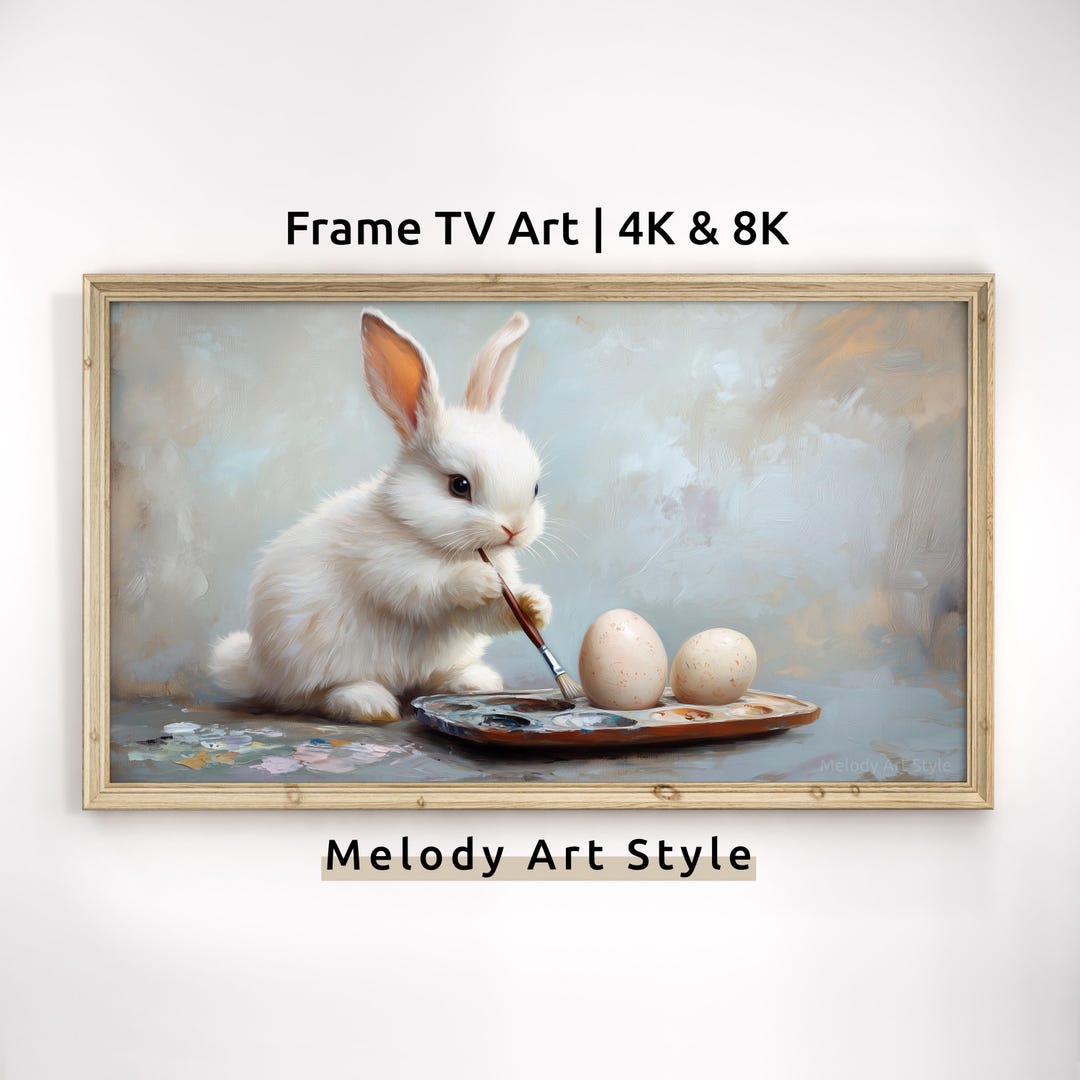 Easter Bunny Painting Eggs Frame TV Art, Cute White Rabbit Screensaver ...