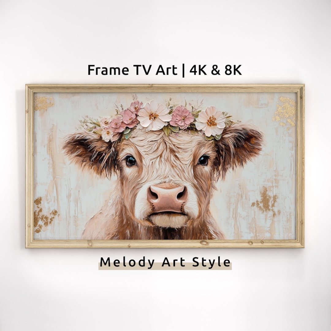 Highland Cow With Floral Crown Frame TV Art, Rustic Farmhouse Animal ...