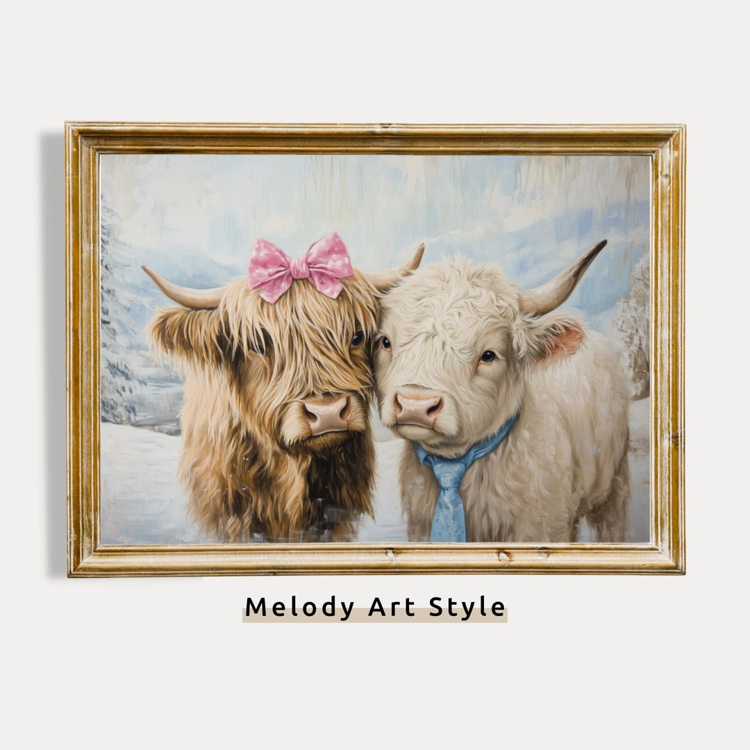 Cute Highland Cows in Snow, Rustic Farmhouse Animal Print, Country Wall ...
