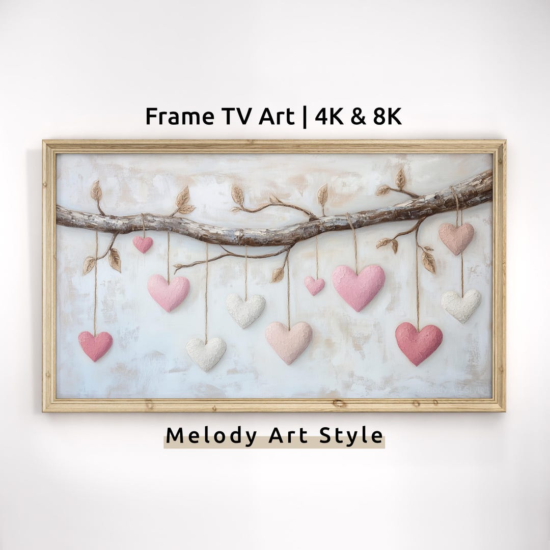 Rustic Hearts Frame TV Art 4K 8K Pink & White Decor Romantic Valentine ...