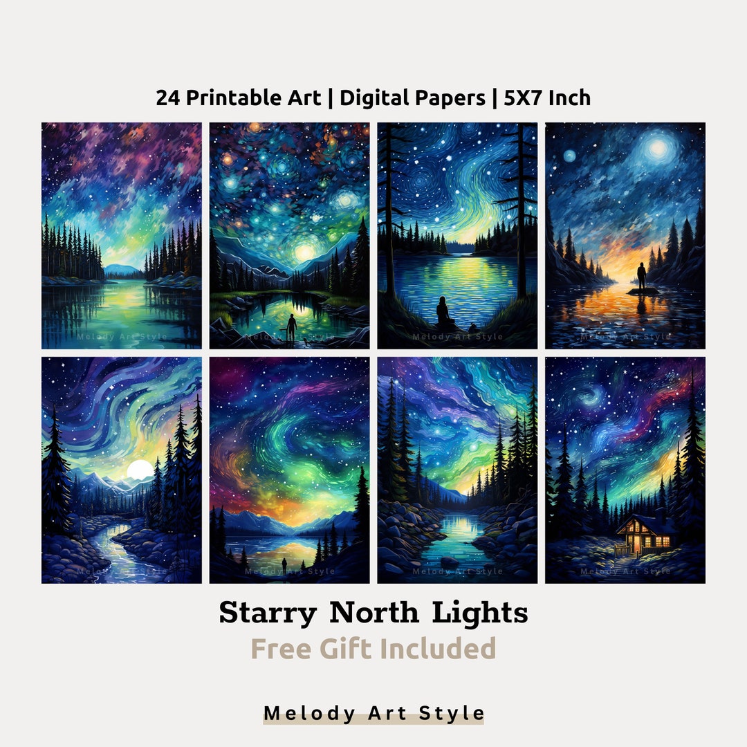 Northern Lights Scene Printable Art Night Sky Digital Paper Pack ...