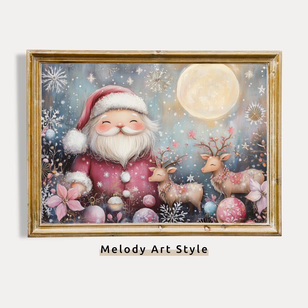 Santa and Reindeer Printable Wall Art Cute Christmas Scene With ...