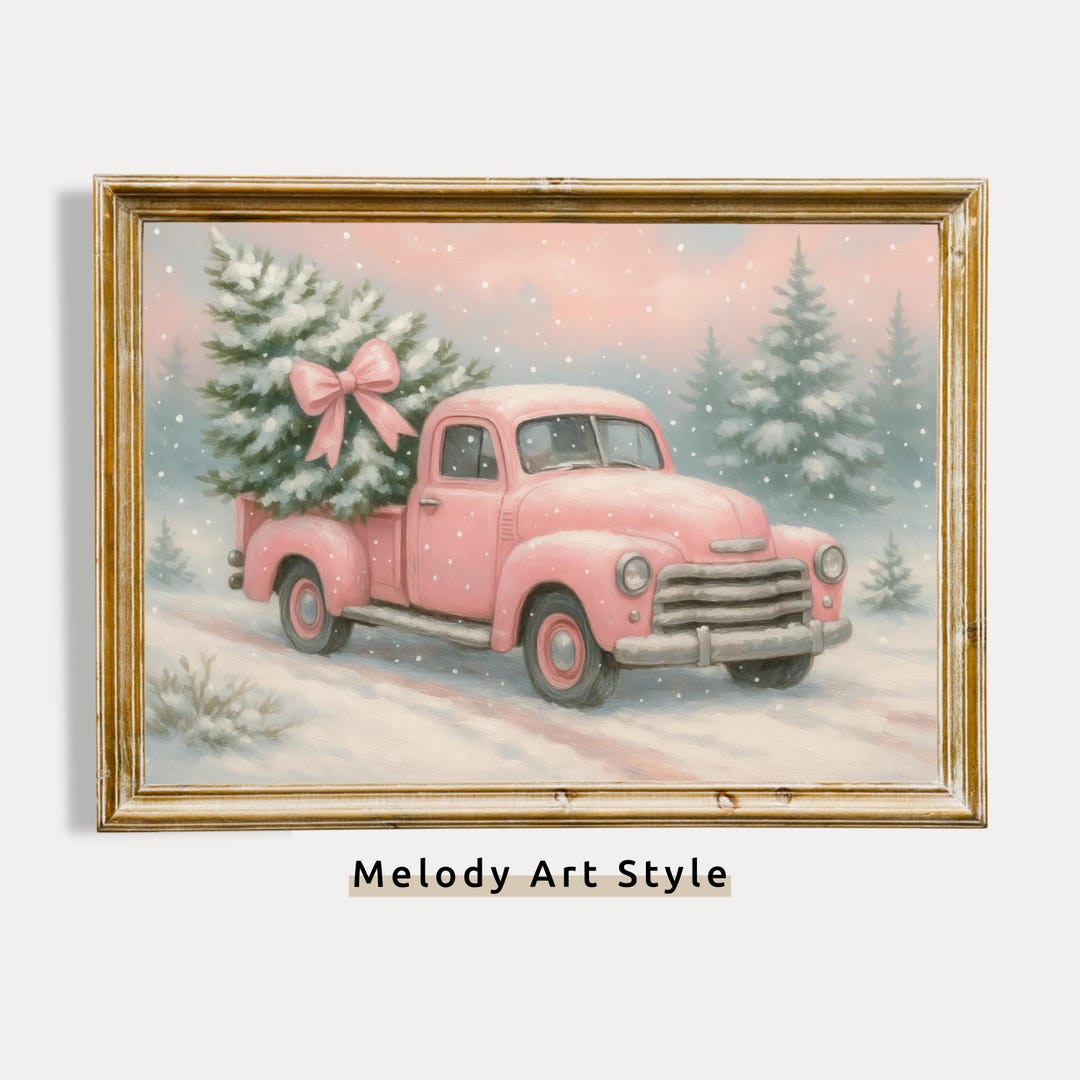 Pink Christmas Car Wall Art, Holiday Winter Printable Pastel Christmas ...