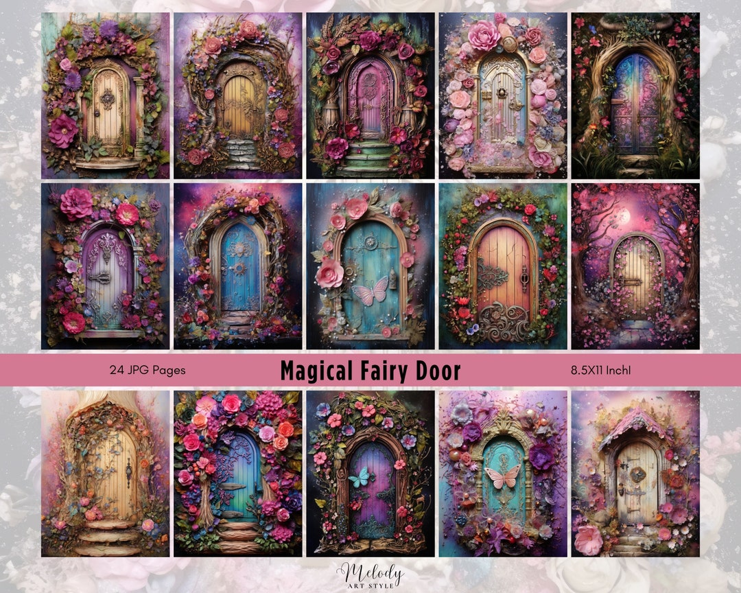 Fairy Door Digital Paper, Floral Doors Paper Set Printable Fantasy Junk ...