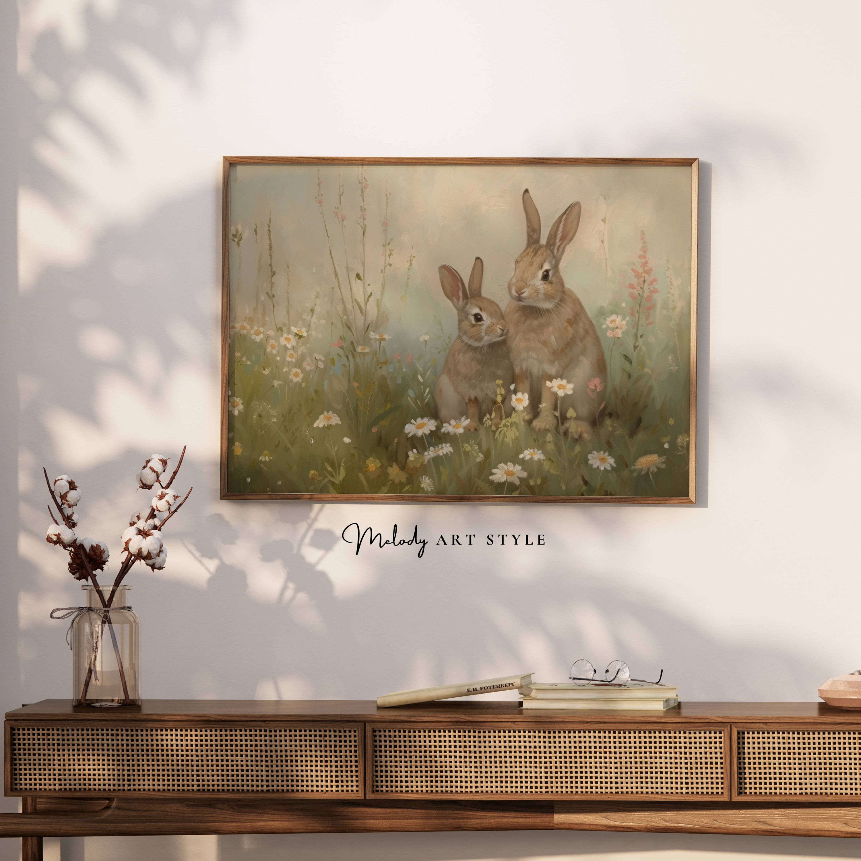 Spring Bunnies in Wildflower Field Printable Wall Art Vintage Rustic ...
