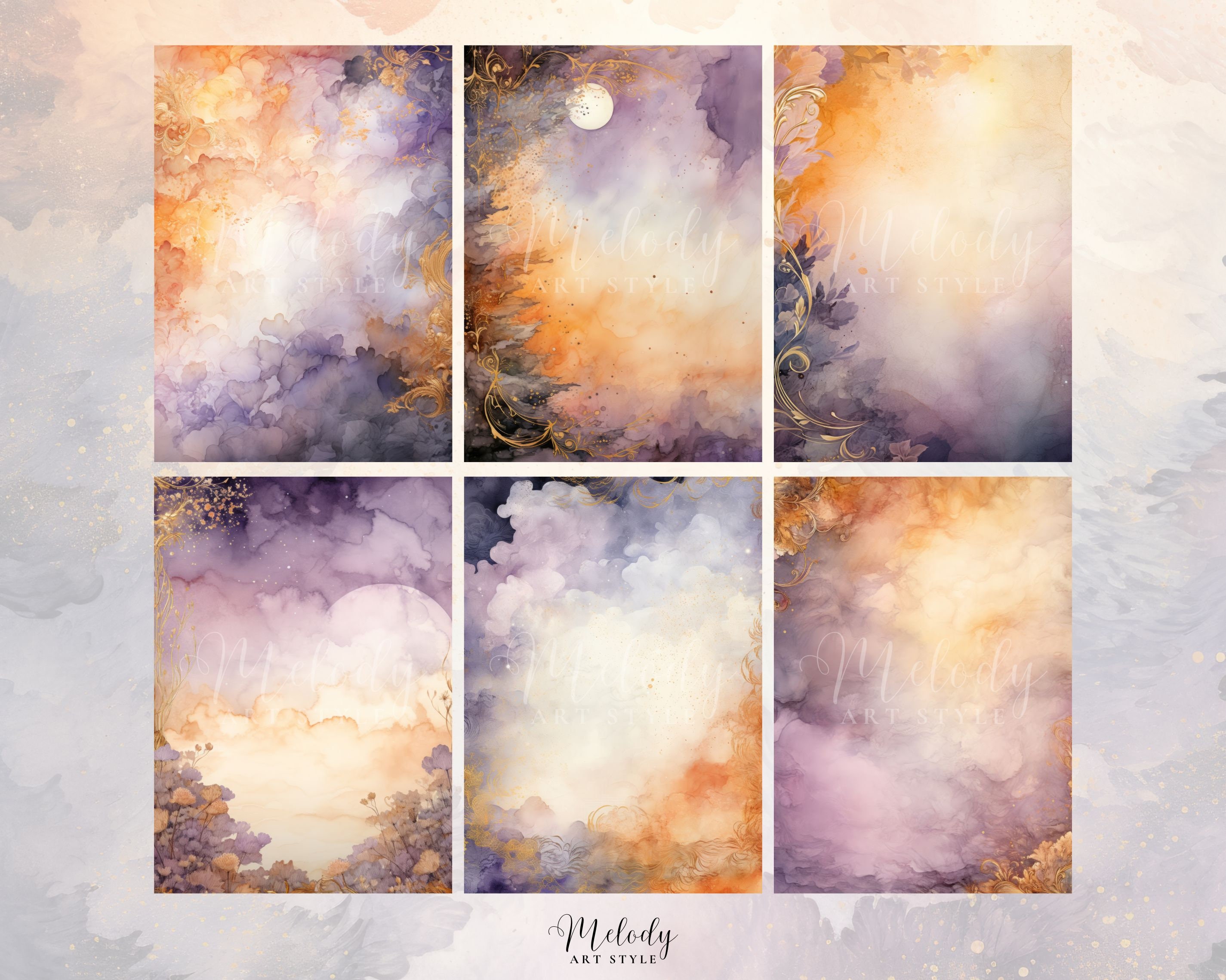 Orange and Purple Paper Digital Paper, Watercolor Halloween Paper Set ...