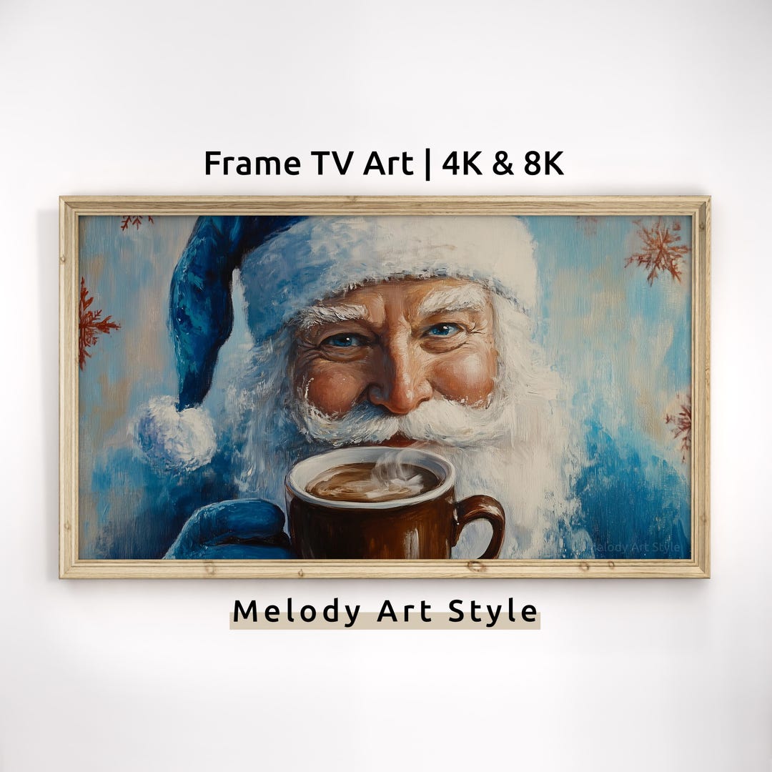 Santa With Hot Cocoa Frame TV Art 4K 8K Vibrant Blue Santa Claus ...