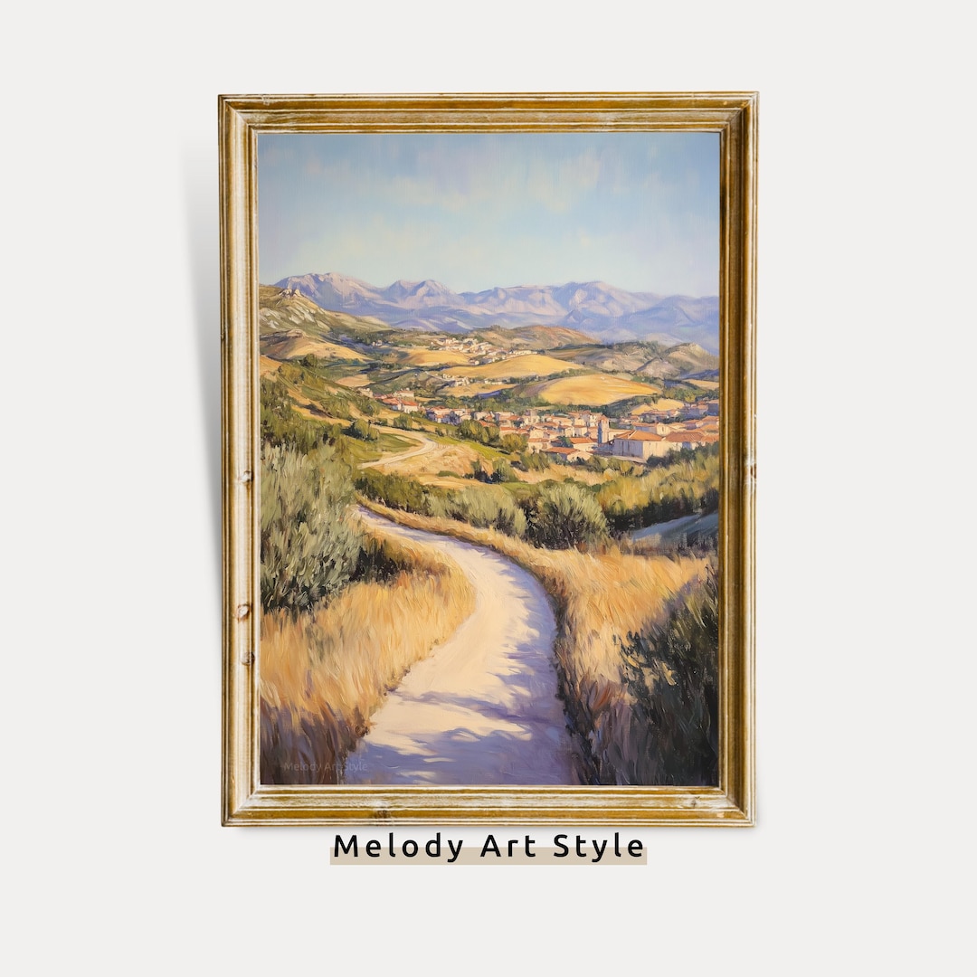 Italian Countryside Printable Art, Rolling Hills Village Painting, Warm ...