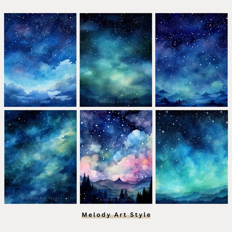 Watercolor Night Sky Printable Art Starry Night Junk Journal Landscpe ...