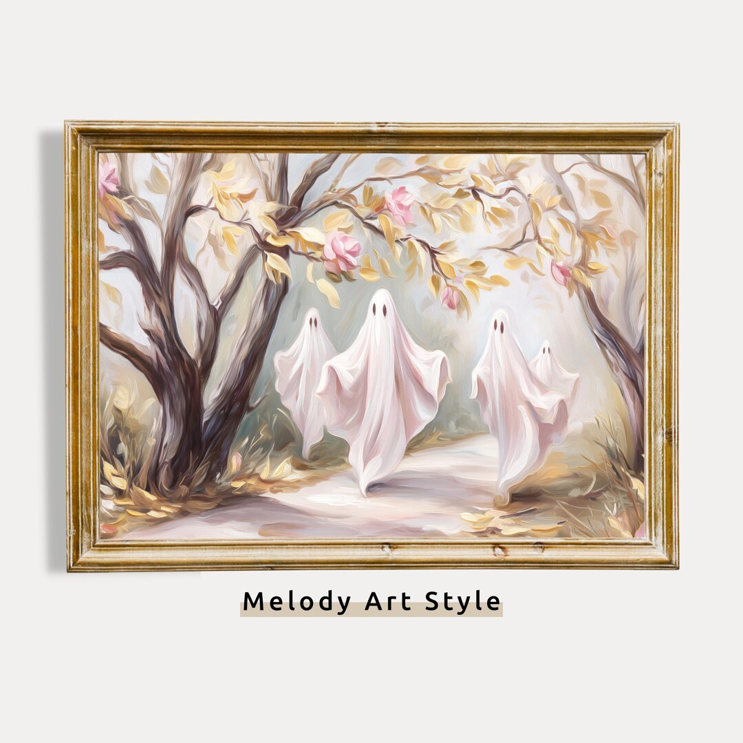 Ghost Trio Wall Art, Autumn Tree Path Print, Pastel Halloween Decor ...