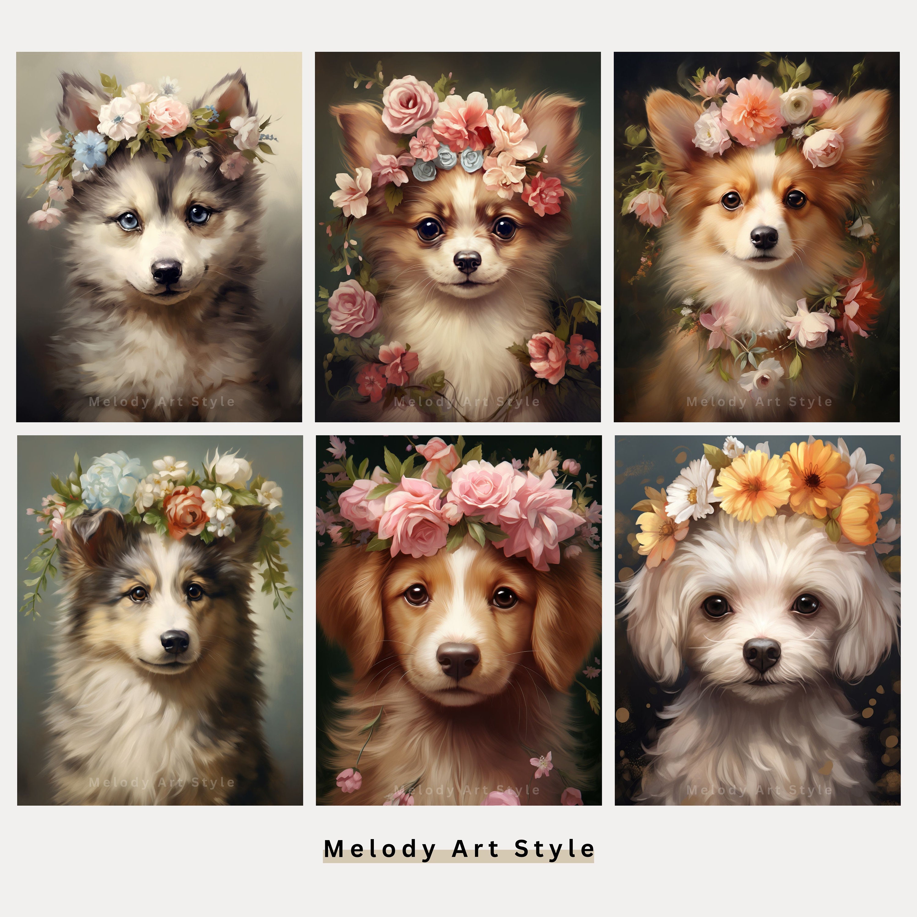 Dog With Flowers Printable Art, Floral Puppy Painting Paper Set Dog ...