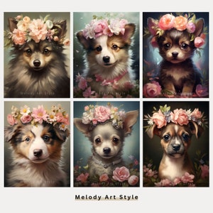 Dog With Flowers Printable Art, Floral Puppy Painting Paper Set Dog ...