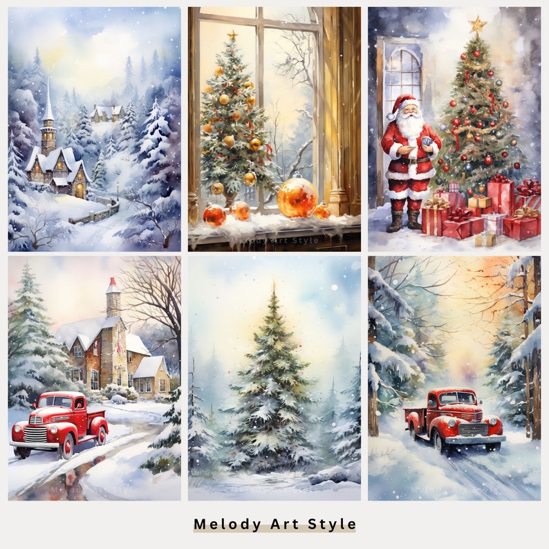 Watercolor Christmas Printable Art, Santa Claus, Christmas Tree Magical ...