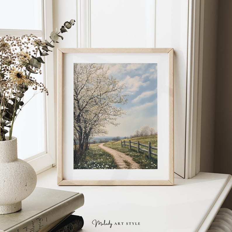 Spring Path Landscape Printable, Blooming Trees and Wildflowers Print ...
