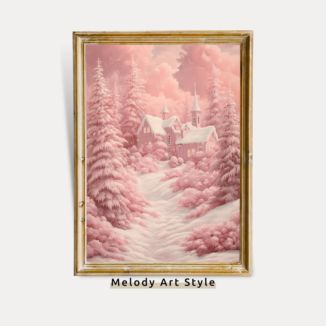 Pink Winter Wonderland Printable Wall Art, Pastel Snowy Christmas ...