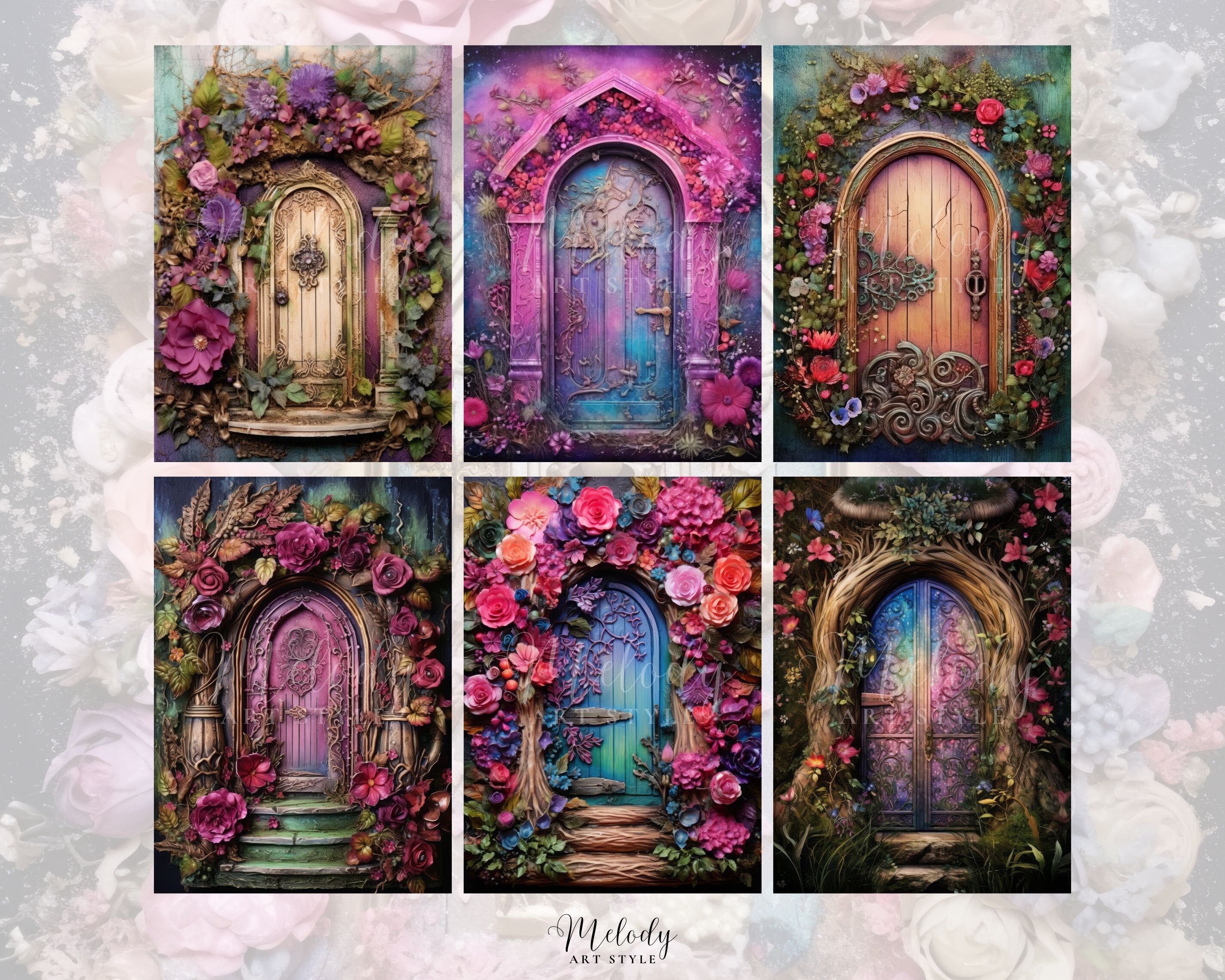 Fairy Door Digital Paper, Floral Doors Paper Set Printable Fantasy Junk ...