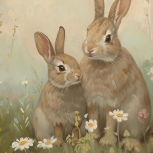 Spring Bunnies in Wildflower Field Printable Wall Art Vintage Rustic ...