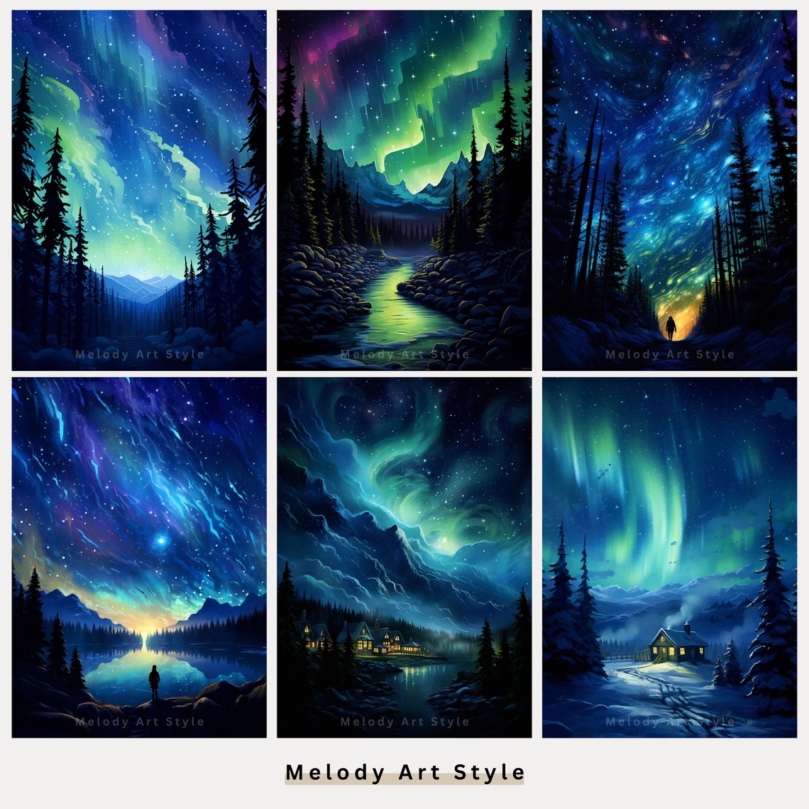 Northern Lights Scene Printable Art, Night Sky Digital Paper Pack ...