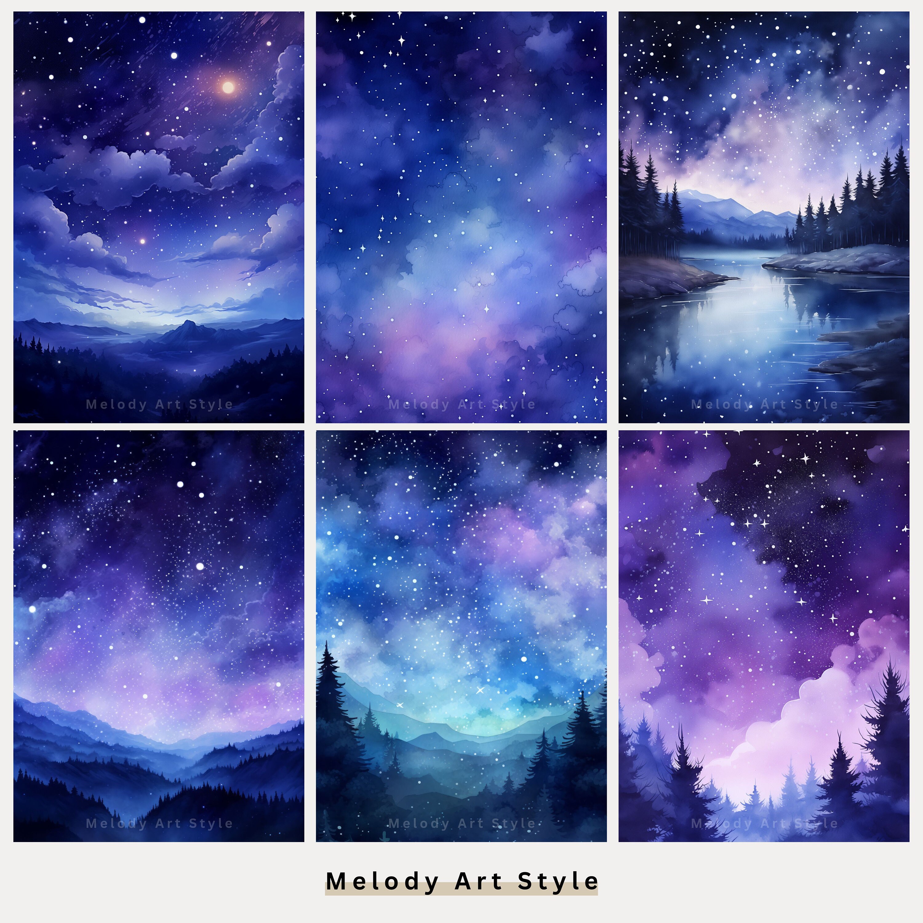Night Sky Printable Art, Watercolor Purple Night Sky Landscape Digital ...