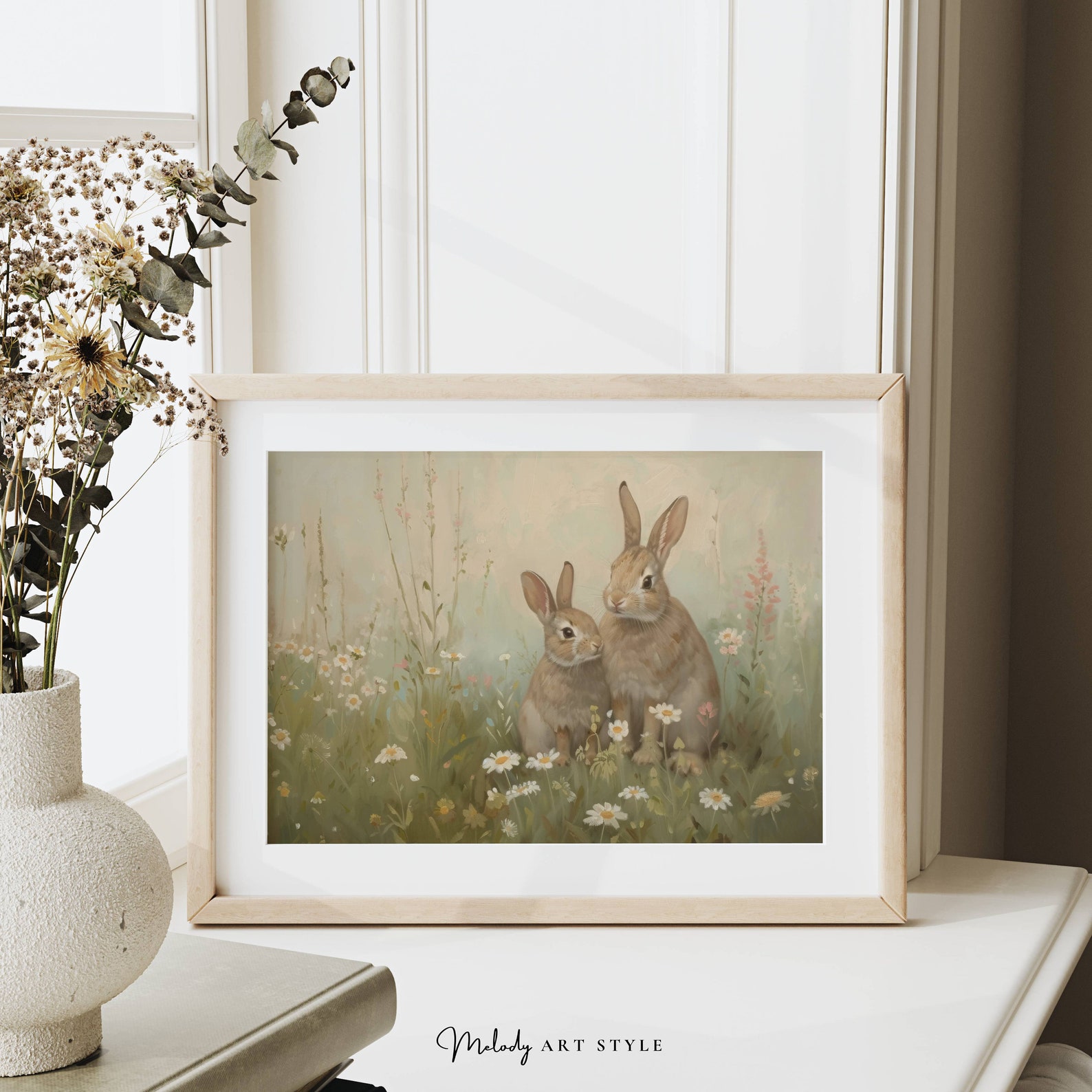 Spring Bunnies in Wildflower Field Printable Wall Art Vintage Rustic ...