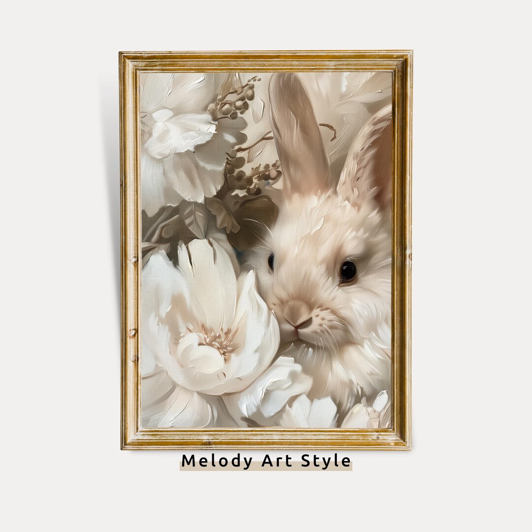 White Flowers Bunny Painting Wall Art, Neutral Nursery Printable ...