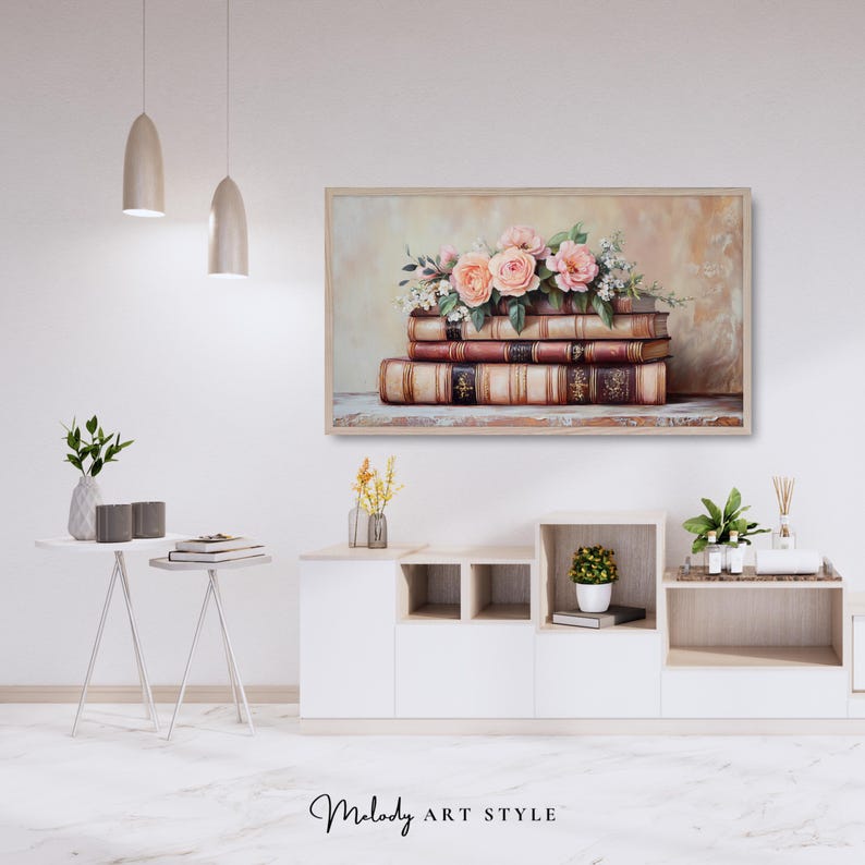 Vintage Floral Book Stack Painting Frame TV Art 4K 8K Antique Books and ...