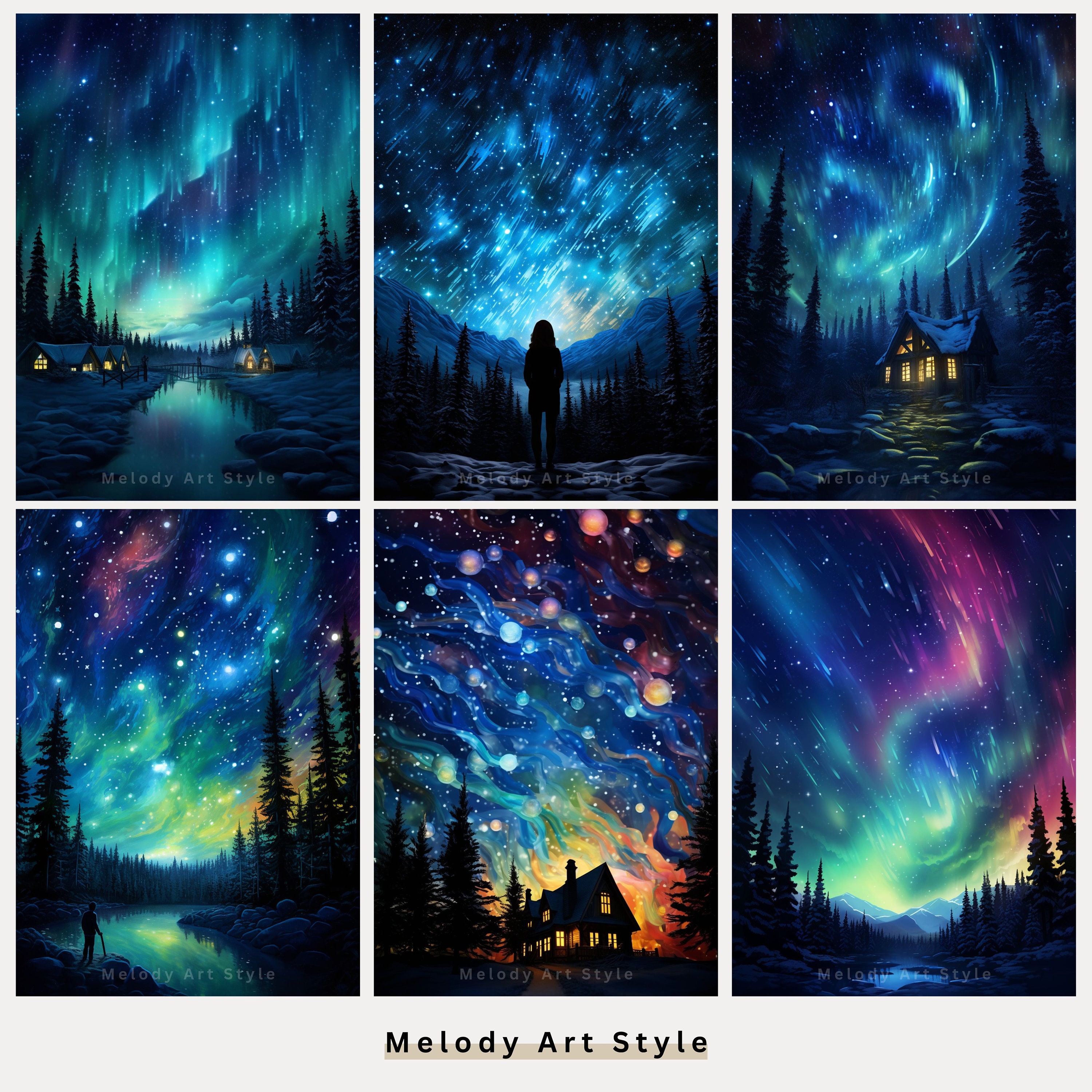 Northern Lights Scene Printable Art, Night Sky Digital Paper Pack ...