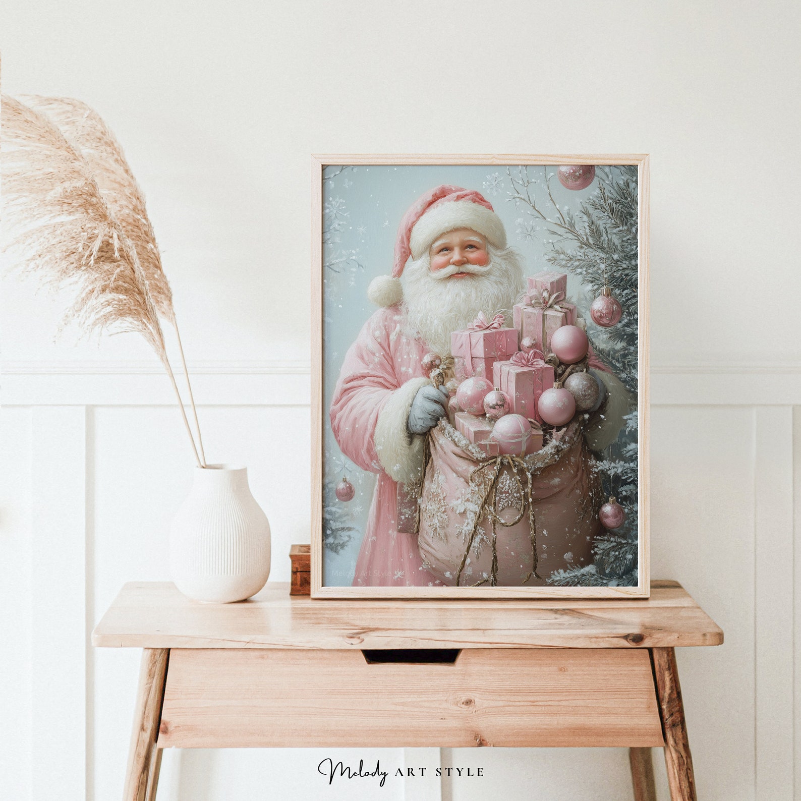 Pink Santa Wall Art, Christmas Gifts Oil Painting Festive Holiday ...