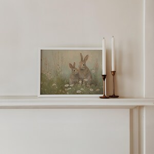 Spring Bunnies in Wildflower Field Printable Wall Art Vintage Rustic ...