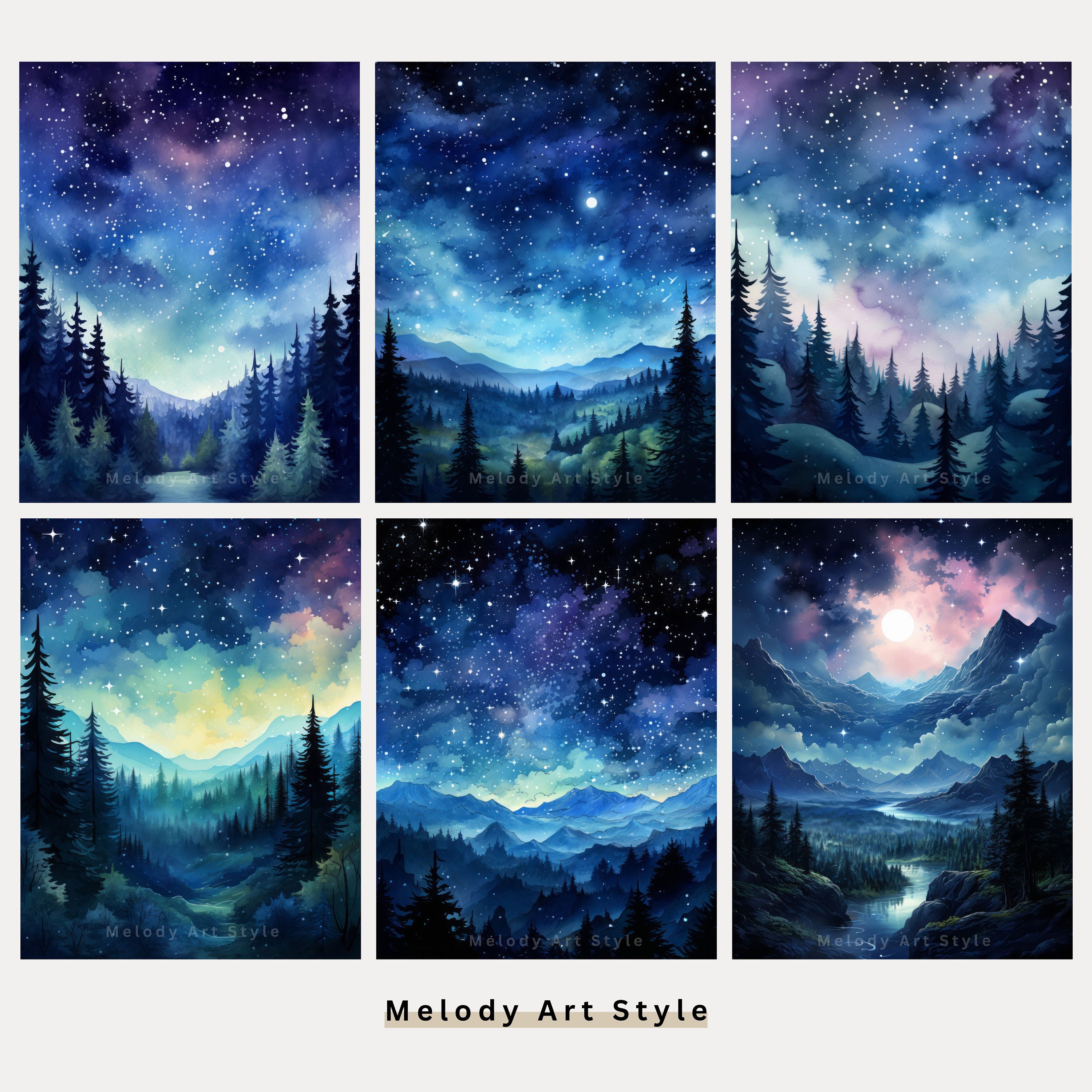 Watercolor Night Sky Printable Art Starry Night Junk Journal Landscpe ...
