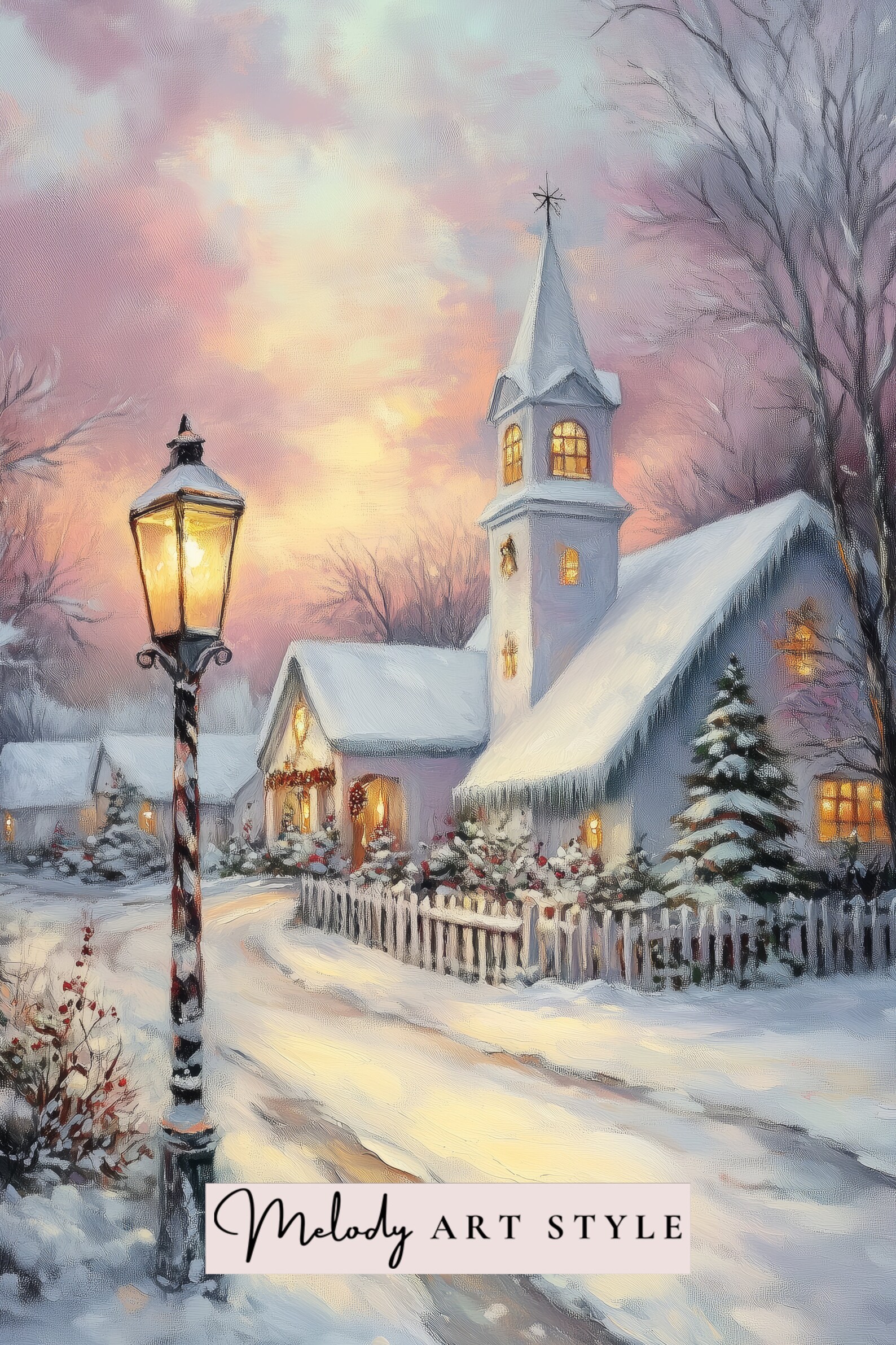 Christmas Snowy Village at Sunset | Snow-covered Church Wall Art ...