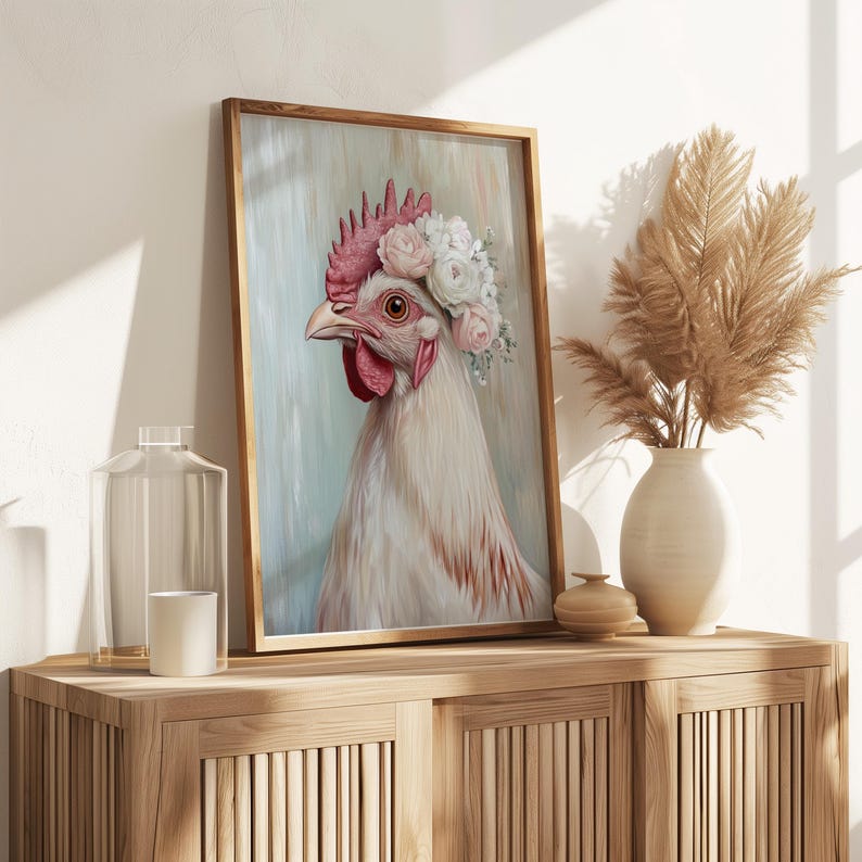 Floral Chicken Portrait Print, Cottagecore Farmhouse Wall Art, Rustic ...